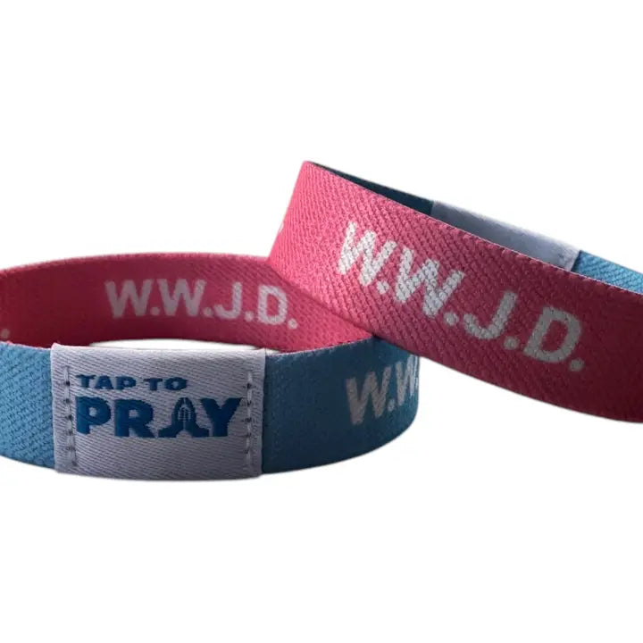 Tap to Pray Christian Wristbrands, Blue/Pink WWJD – Puddleducks Grenada